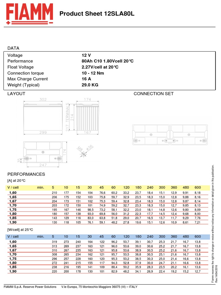 Battery Fiamm - 12sla80l-Datasheet | PDF