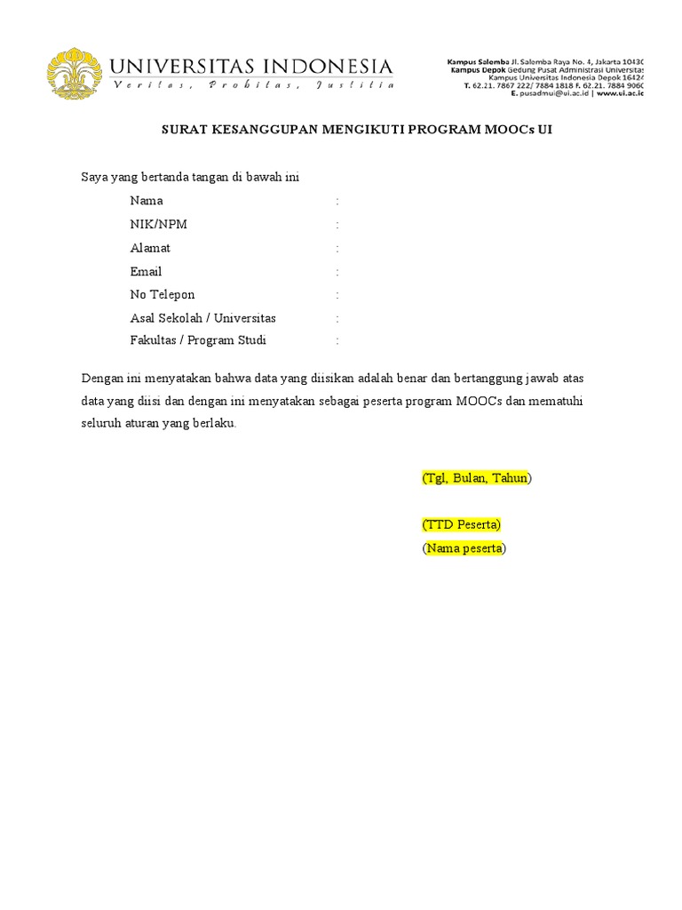 Template Surat Pendaftaran Program MOOCs UI | PDF