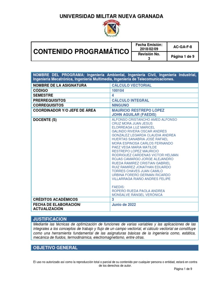 Contenido Programático Calculo Vectorial | PDF | Enseñando | Integral