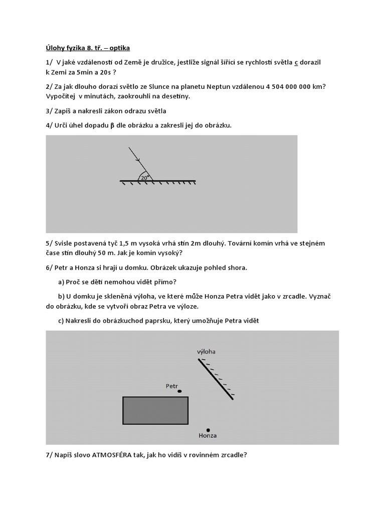 Úlohy Fyzika 8.tř. OPTIKA | PDF