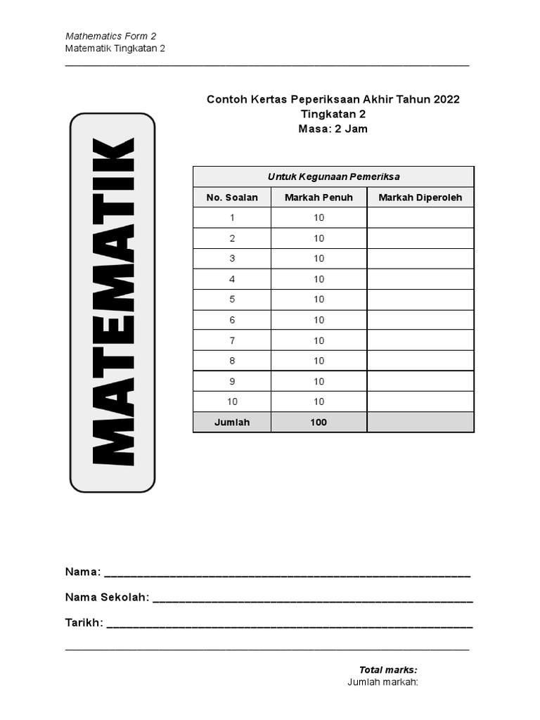 Contoh Kertas Peperiksaan Akhir Tahun 2022 | PDF