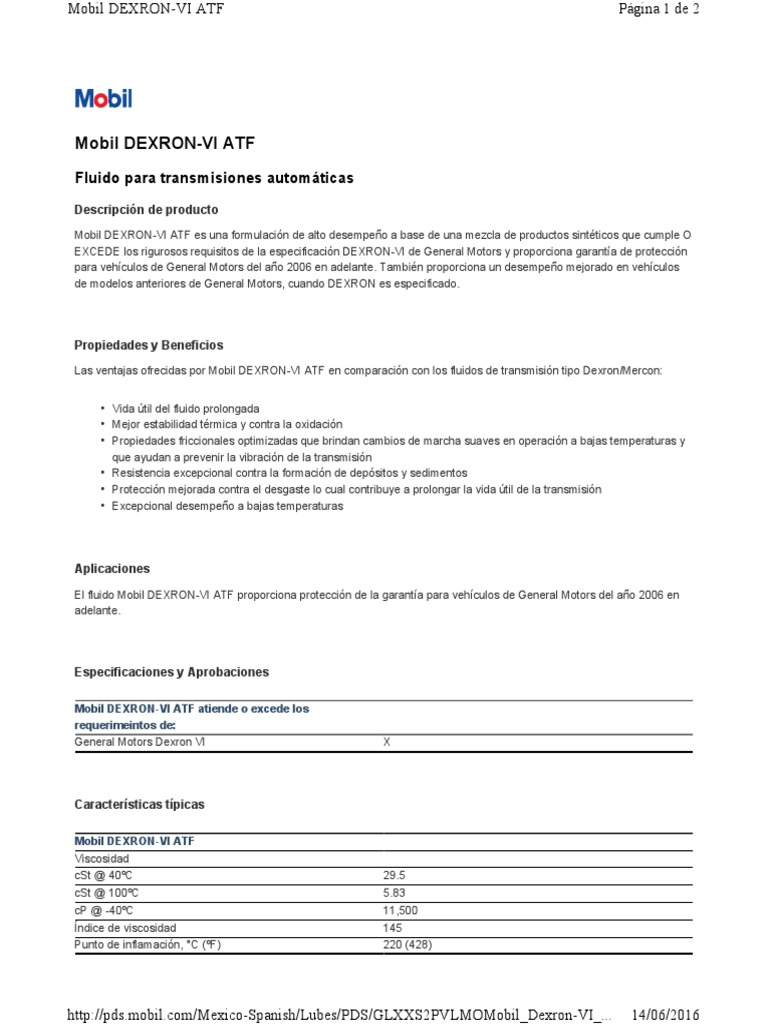 MOBIL DEXRON VI ATF Junio 2016 | PDF | Motores generales