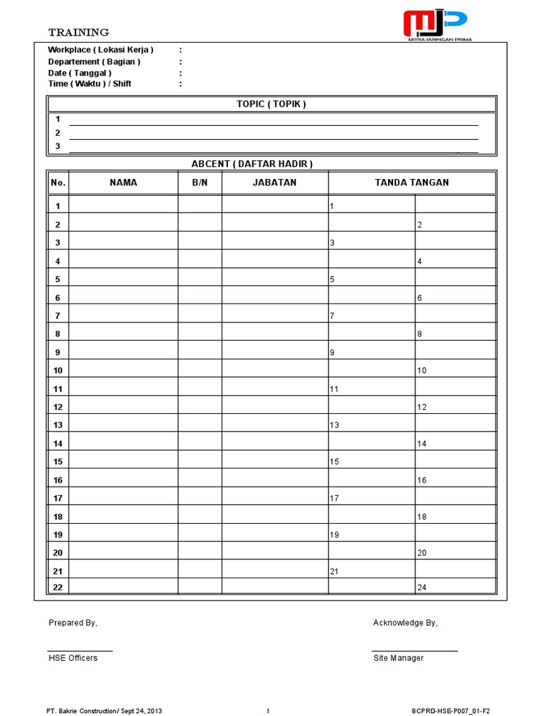 Daftar hadir training | PDF