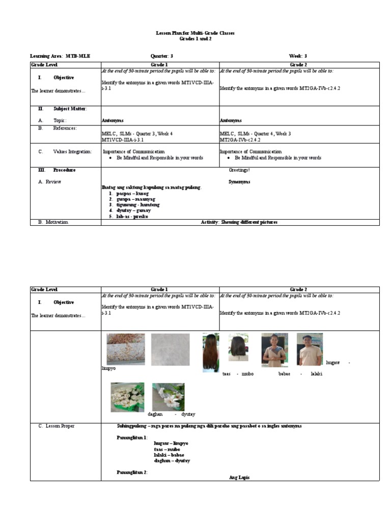 Lesson Plan in MTB-MLE G1 and G2 | PDF