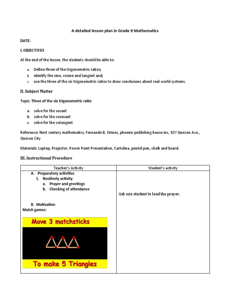 A Detailed Lesson Plan in Grade 9 Mathematic1 | PDF