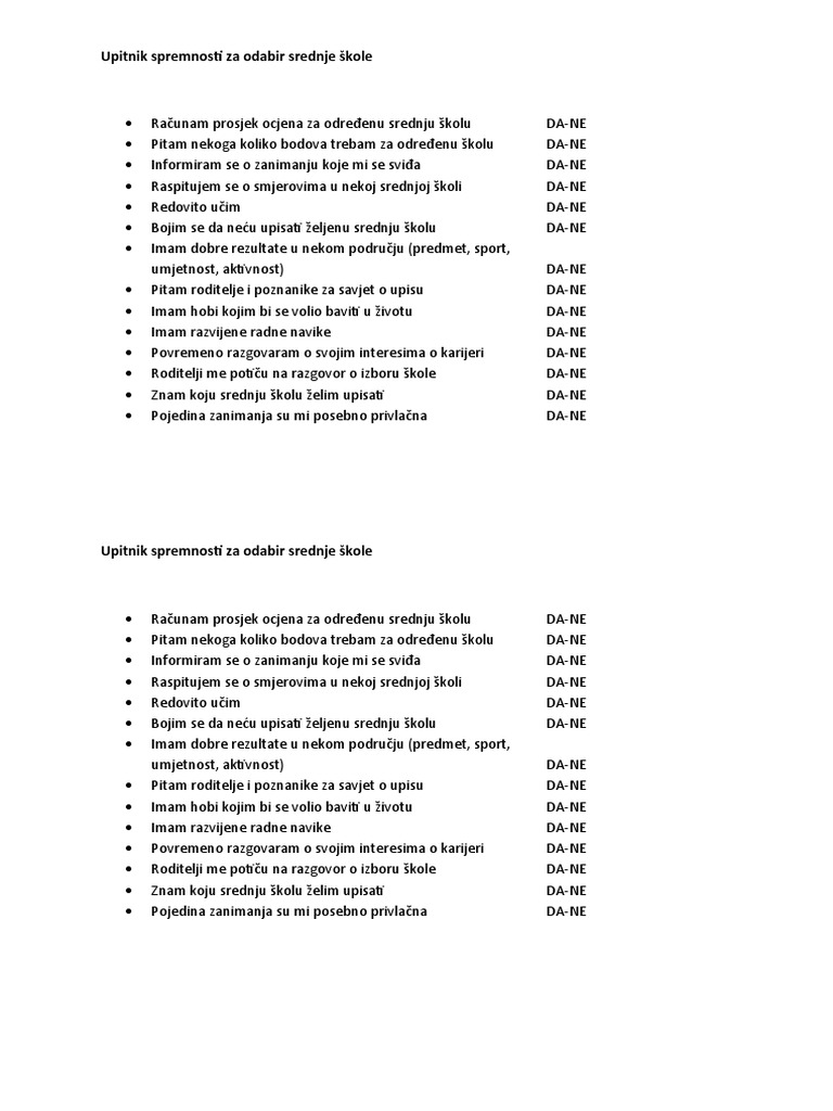 Upitnik Spremnosti Za Odabir Srednje Škole 2 | PDF