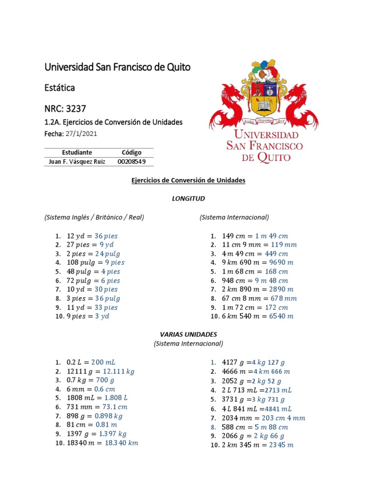 1.2A. Ejercicios de Conversión de Unidades | PDF