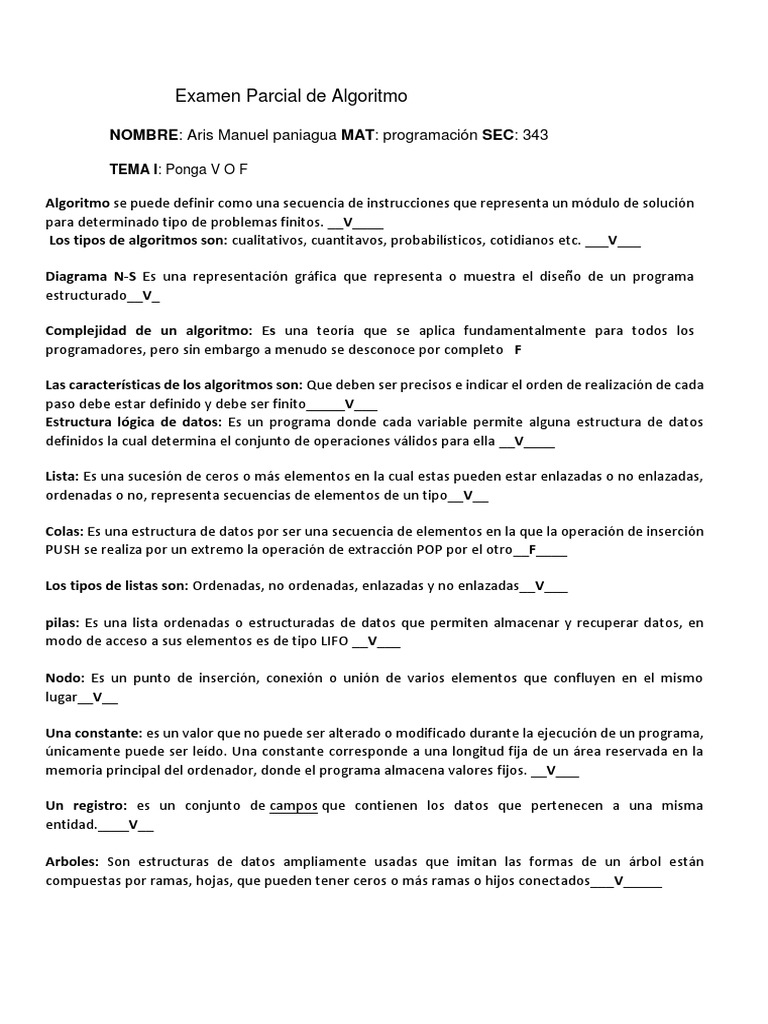 Examen Parcial De Algoritmo Descargar Gratis Pdf Algoritmos Algoritmos Y Estructuras De Datos