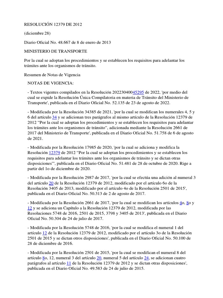 Resolucion Mintransporte 12379 2012 | PDF | Placa de matrícula del ...