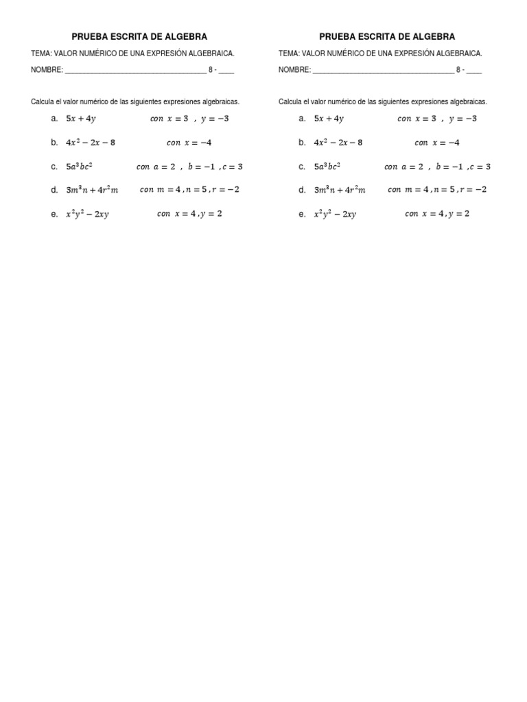 Prueba Escrita Valor Numerico de Una Expresion Algebraica | PDF