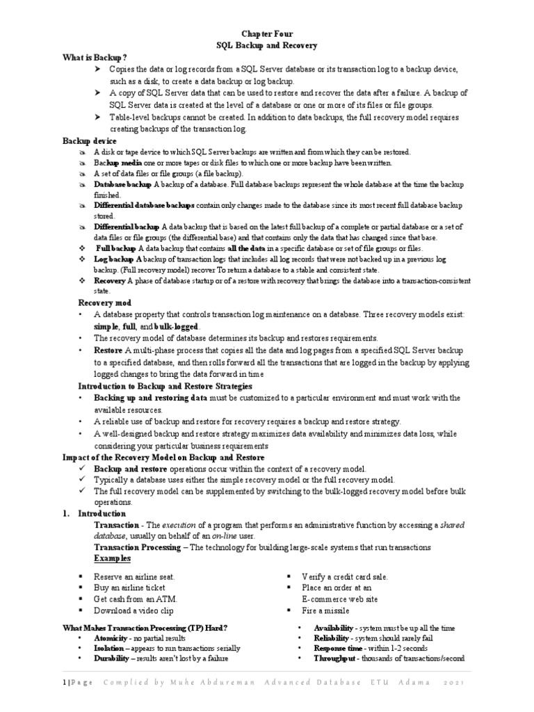 Chapter Four Advan Database | PDF | Backup | Database Transaction