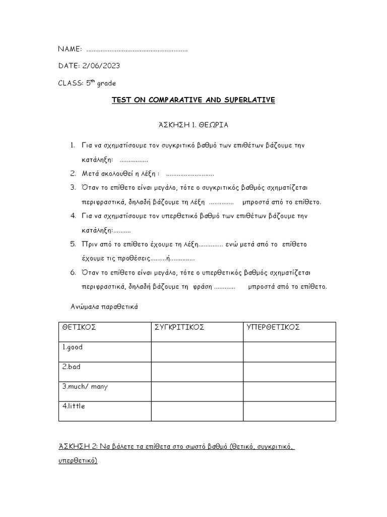 Test On Comparative and Superlative 5th Grade | PDF