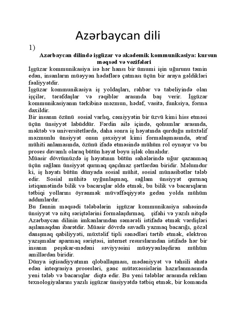 Az Rbaycan Dilind I G Zar V Akademik Kommunikasiya Kursun M Q | PDF