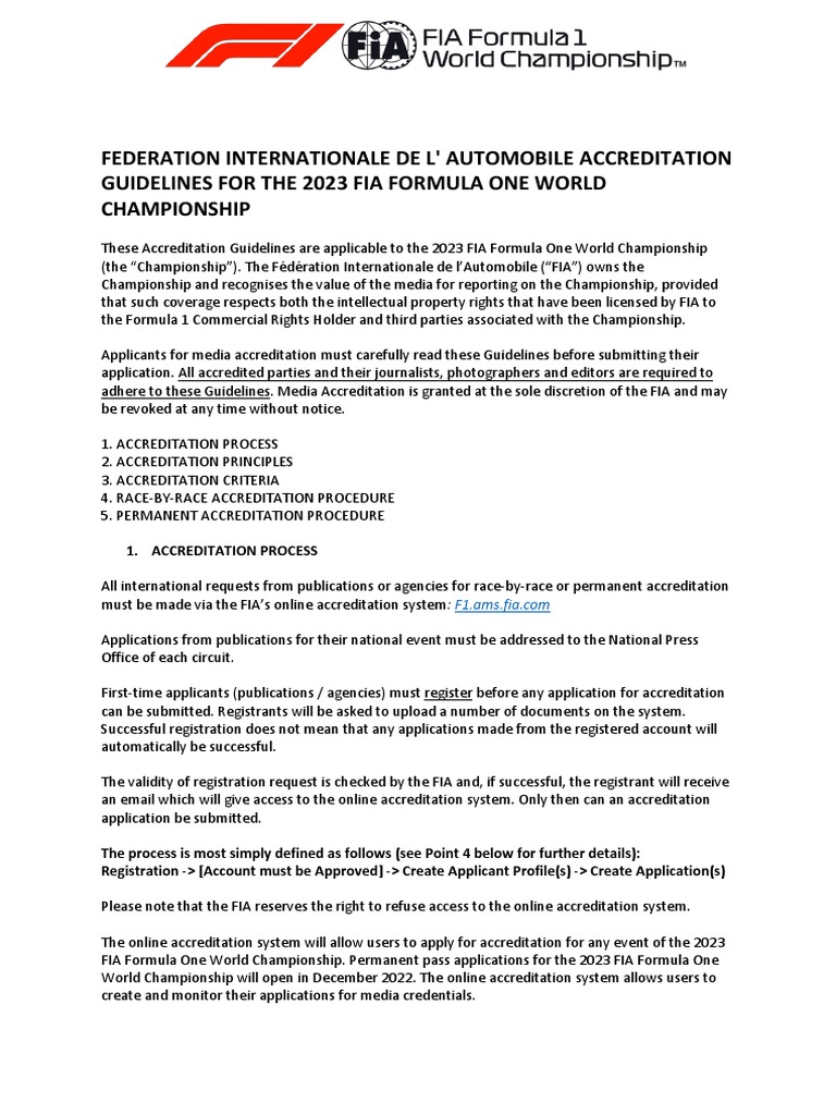 2023 Fia Formula 1 World Championship - Accreditation Guidelines 0 ...
