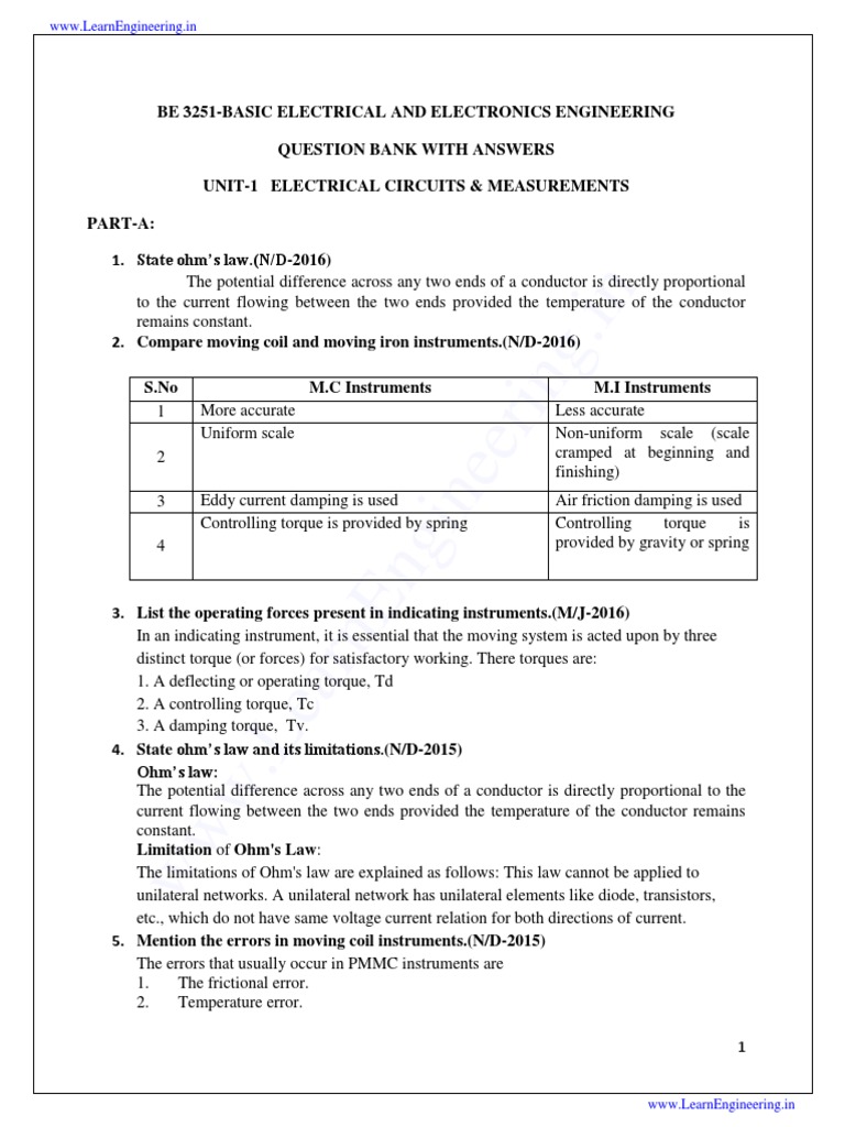 BE3251 BEEE QB 01 - by WWW - Learnengineering.in | PDF | Electric Motor | Inductor