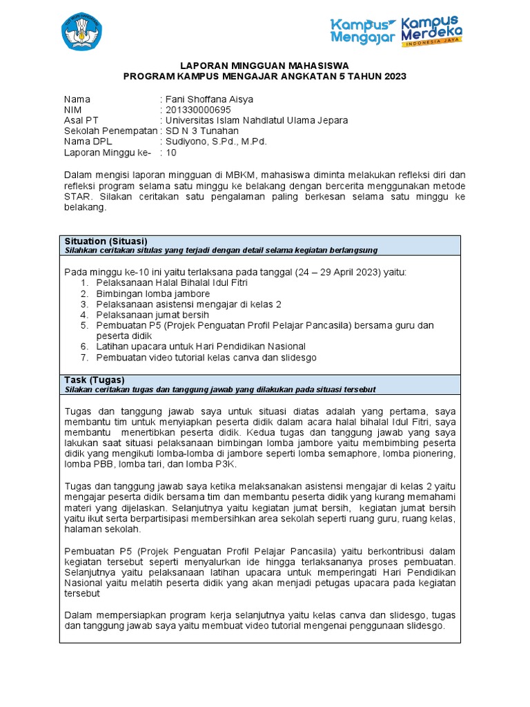 Contoh Laporan Mingguan Kampus Mengajar Mingggu Ke 10 | PDF