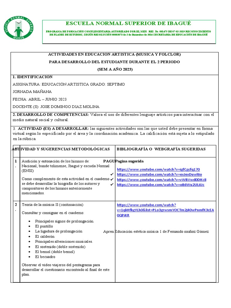 Plan de Clase Segundo Periodo - Septimo 2023 | PDF | Notación musical ...