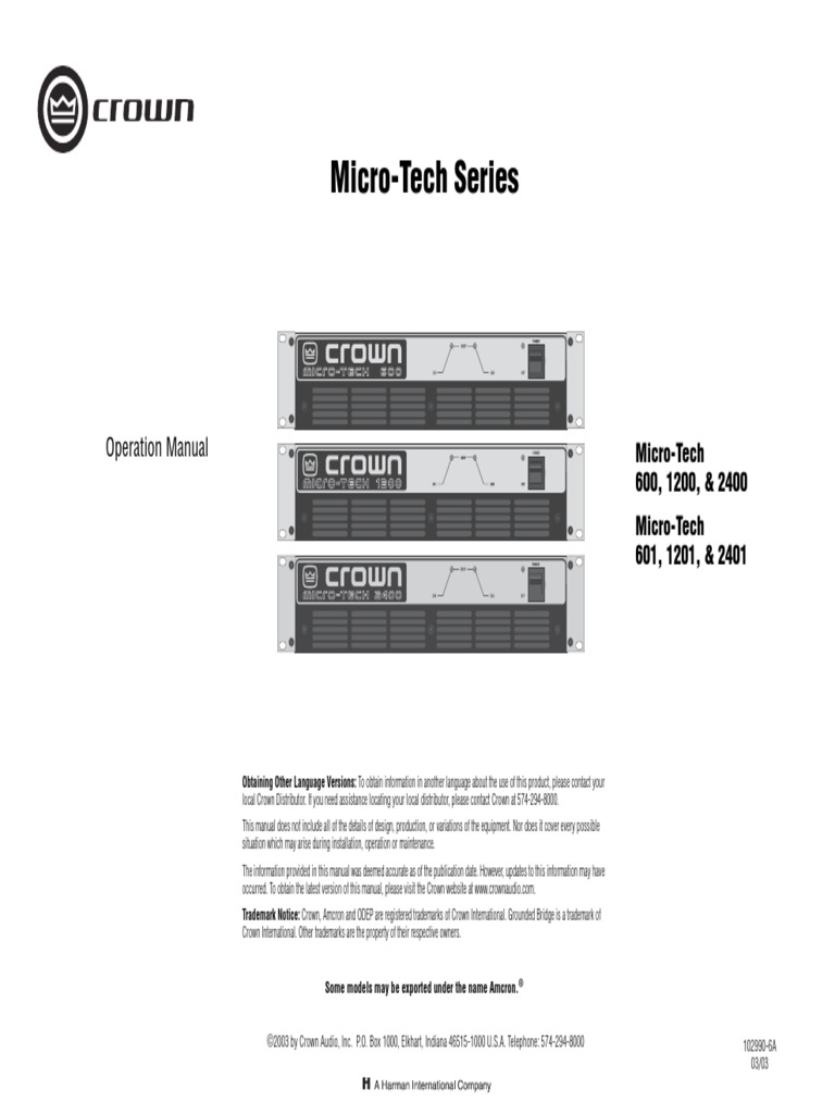 Crown Micro Tech 600 1200 2400 Operation Manual | PDF | Amplifier ...