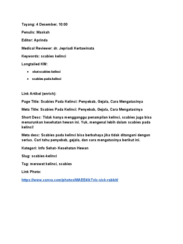 Scabies Pada Kelinci - Penyebab, Gejala, Cara Mengatasinya - Edit | PDF