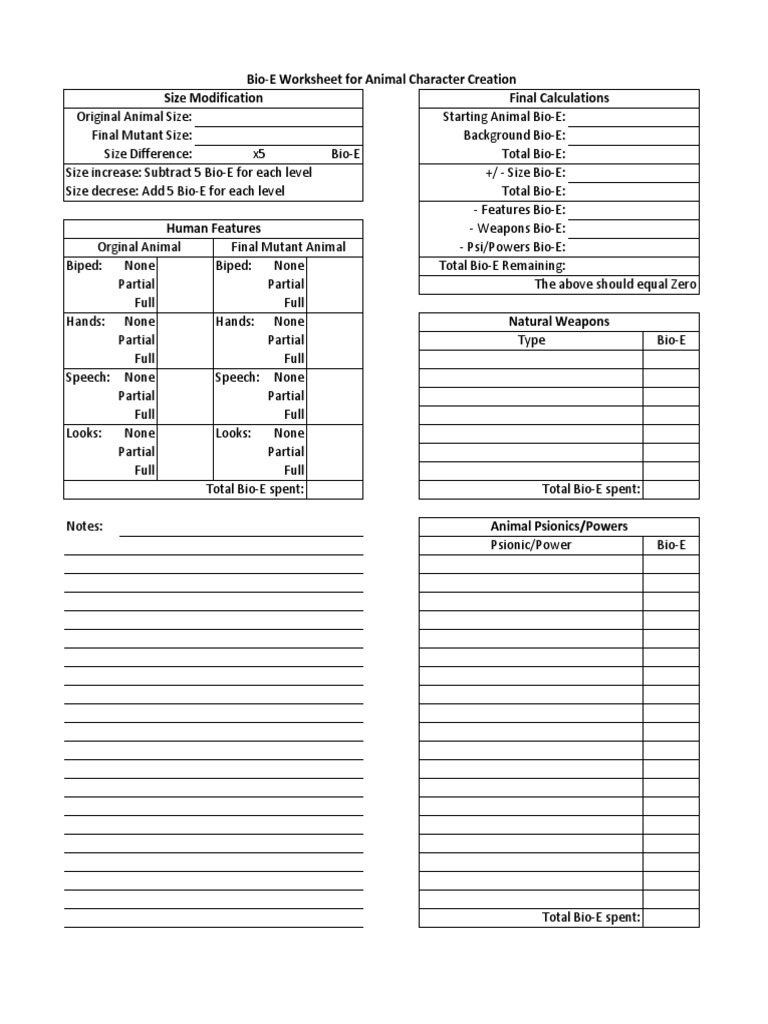 Bio-E Worksheet For Animal Character Creation | PDF