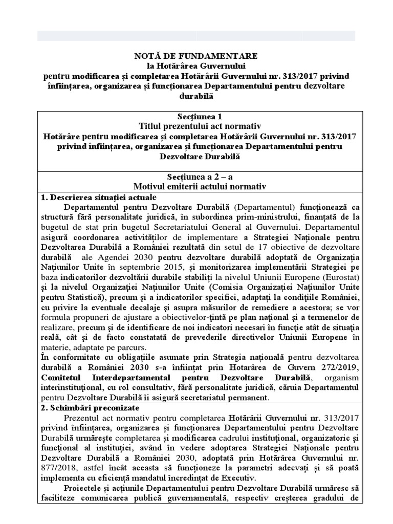 Nota de Fundamentare HG Modificare Și Completare 313 | PDF