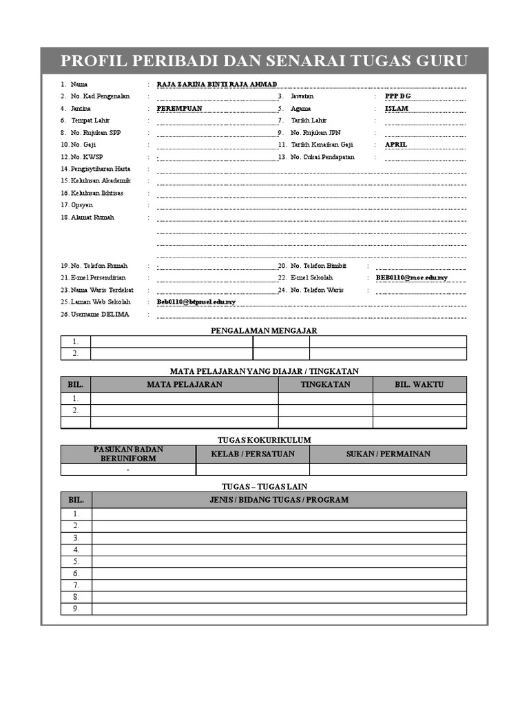 Profil Peribadi Dan Senarai Tugas Guru 2023 Kosong | PDF