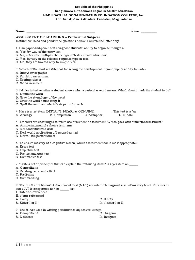 Assessment of Learning Final Exam | PDF | Educational Assessment ...