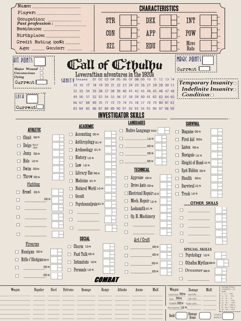 CoC7 Character Autocalc Sheet 1-05 | PDF