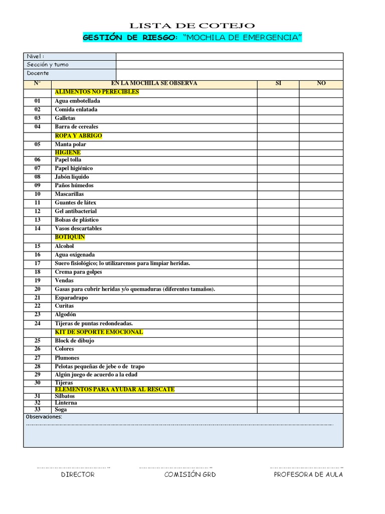 LISTA DE COTEJO Mochila de Emergencia | PDF