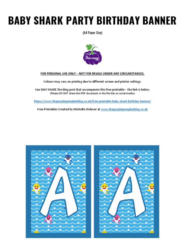 Tppb Baby Shark Party Printables Birthday Banner a4 | PDF