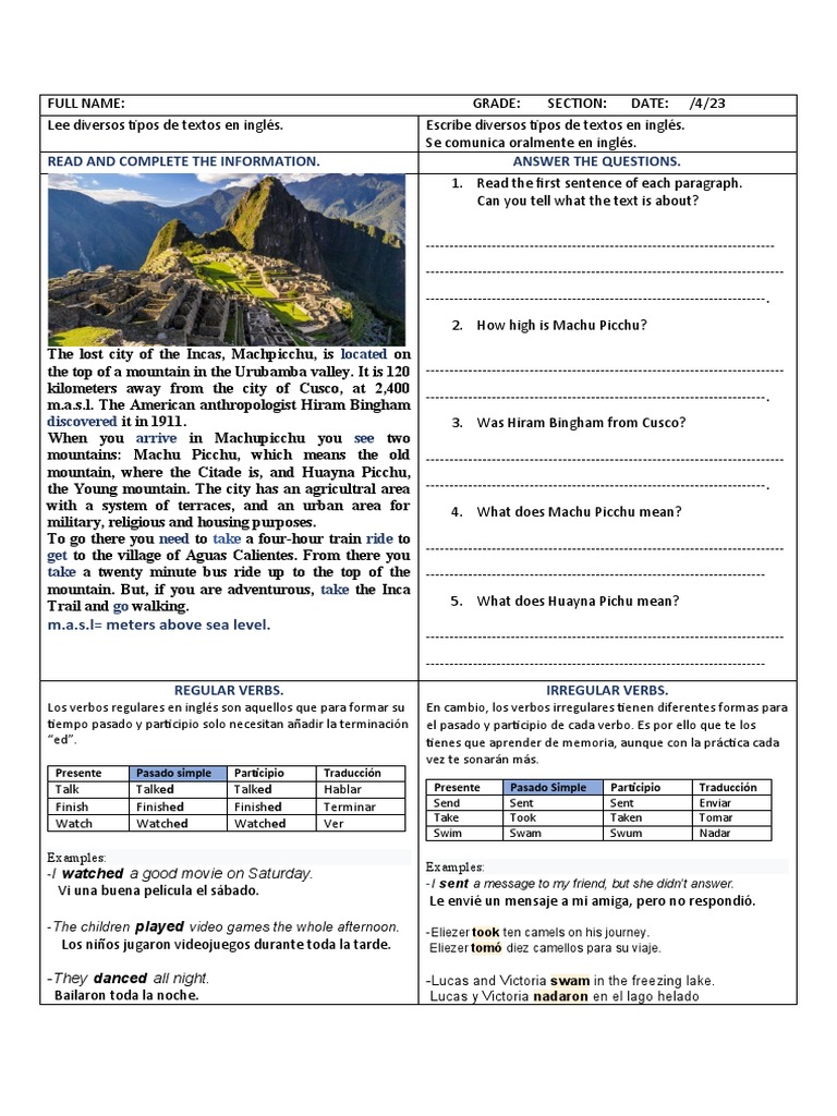 WoRKSHEET PAST SIMPLE High School | PDF | Machu Picchu