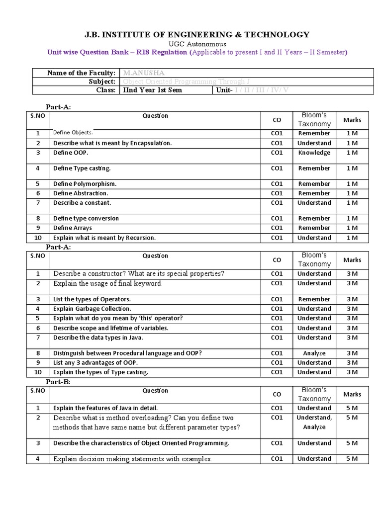 Oop Through Java Question Bank Pdf Method Computer Programming Inheritance Object 8964