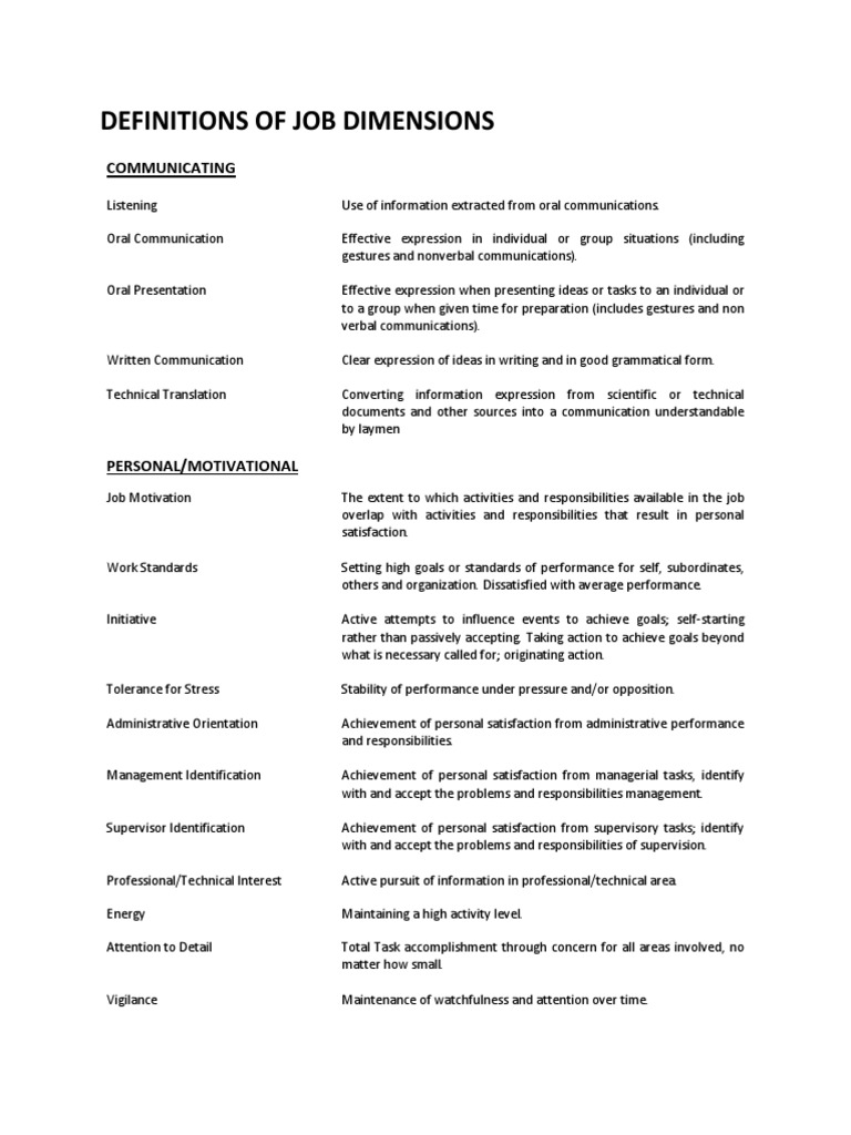 Definitions of Job Dimensions | PDF