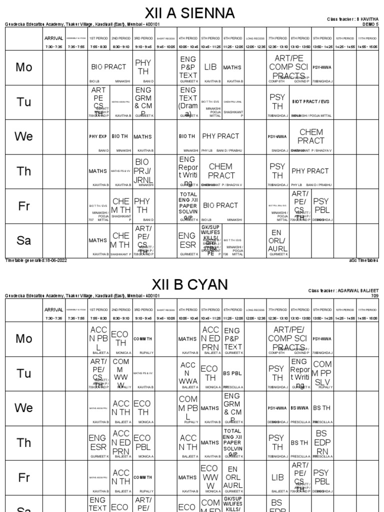 Class Timetable - From 20th June | PDF