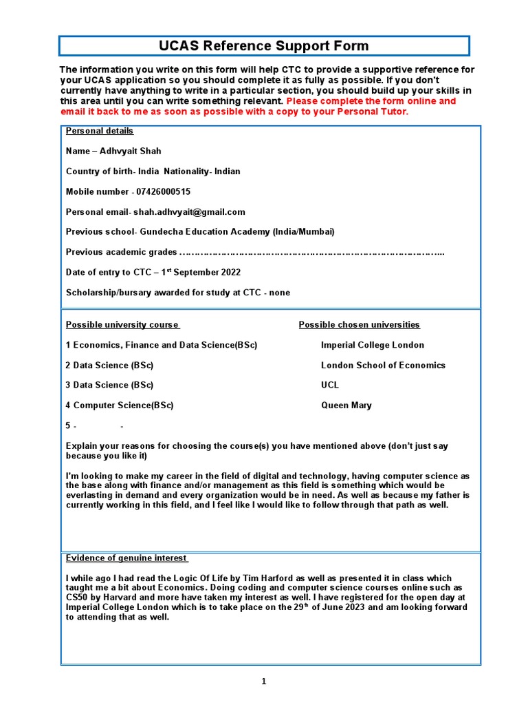 UCAS Reference Support Form | PDF