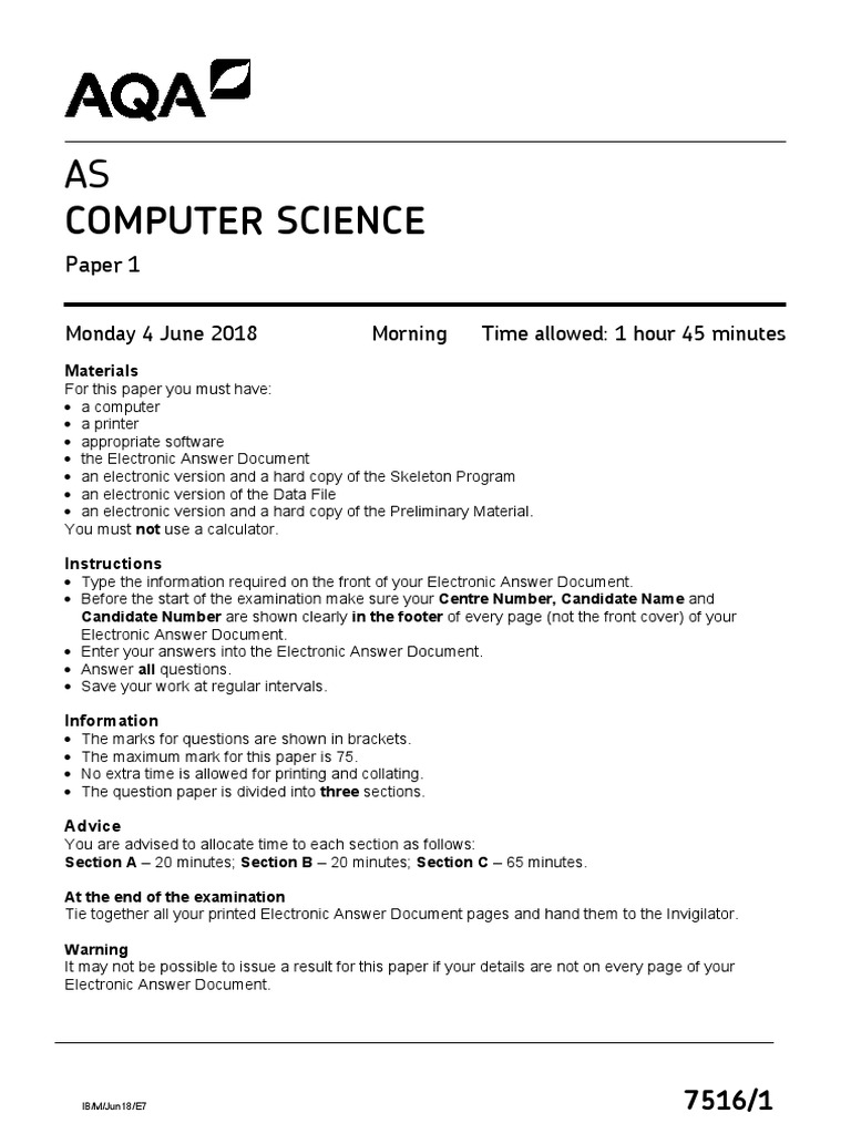 June 2018 QP - Paper 1 AQA Computer Science As-Level | PDF June 2018 QP - Paper 1 AQA Computer Science As-Level | PDF