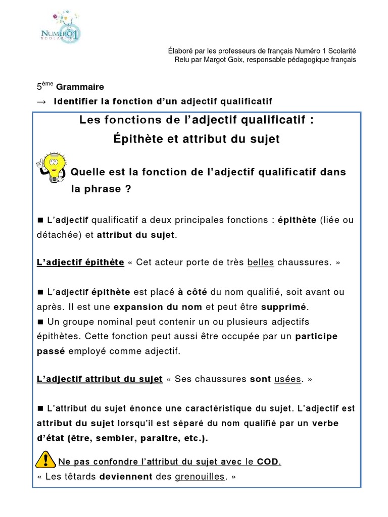 5ème Grammaire Les Fonctions de Ladjectif Qualificatif 1 | PDF | Sujet ...
