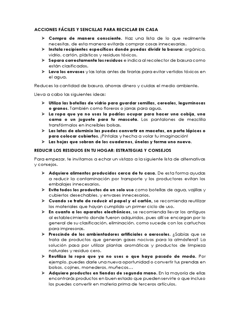 Acciones Fáciles y Sencillas para Reciclar en Casa | PDF | Residuos | Reciclaje