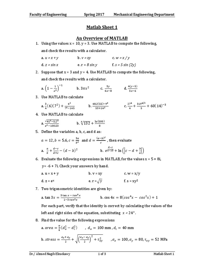 Matlab Sheet 1 | PDF