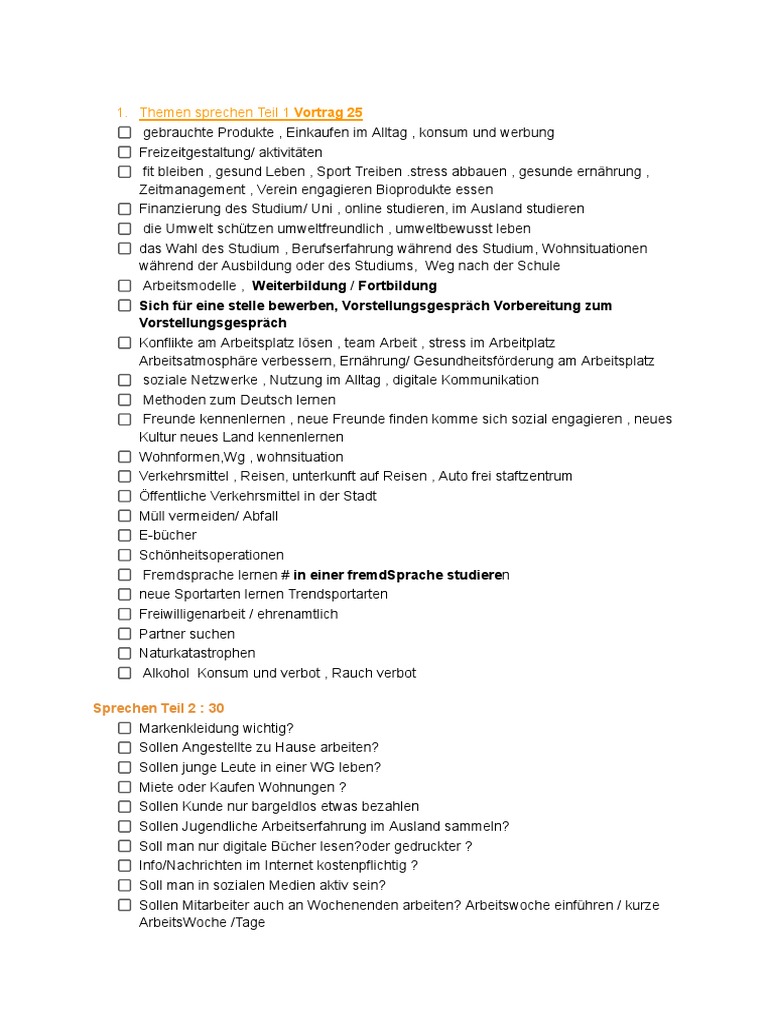 Checkliste Themen B2 | PDF