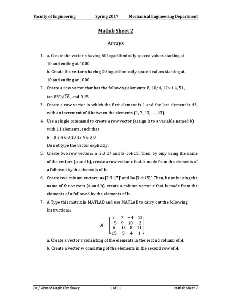 Matlab Sheet 2 | PDF | Matrix (Mathematics) | Belt (Mechanical)