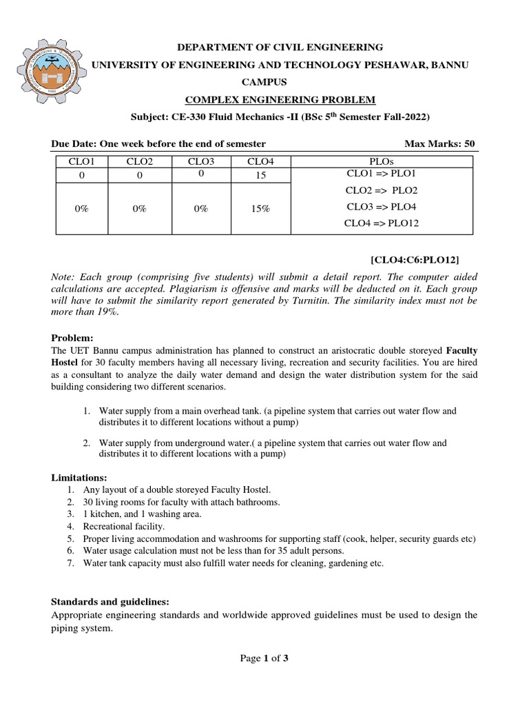Modified Complex Engineering Problem CE-330 Fluid Mechanics - II Fall 2022 | PDF | Engineering ...
