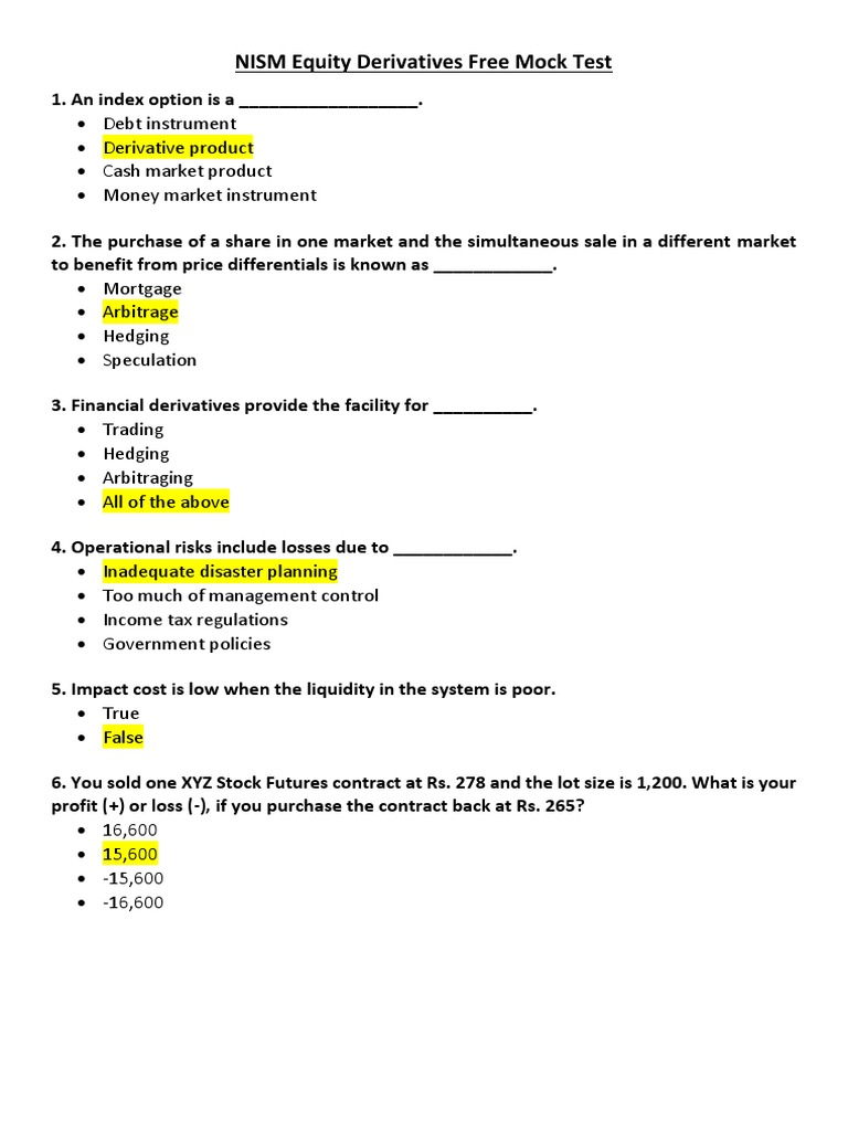 NISM Equity Derivatives Free Mock Test | PDF | Option (Finance ...