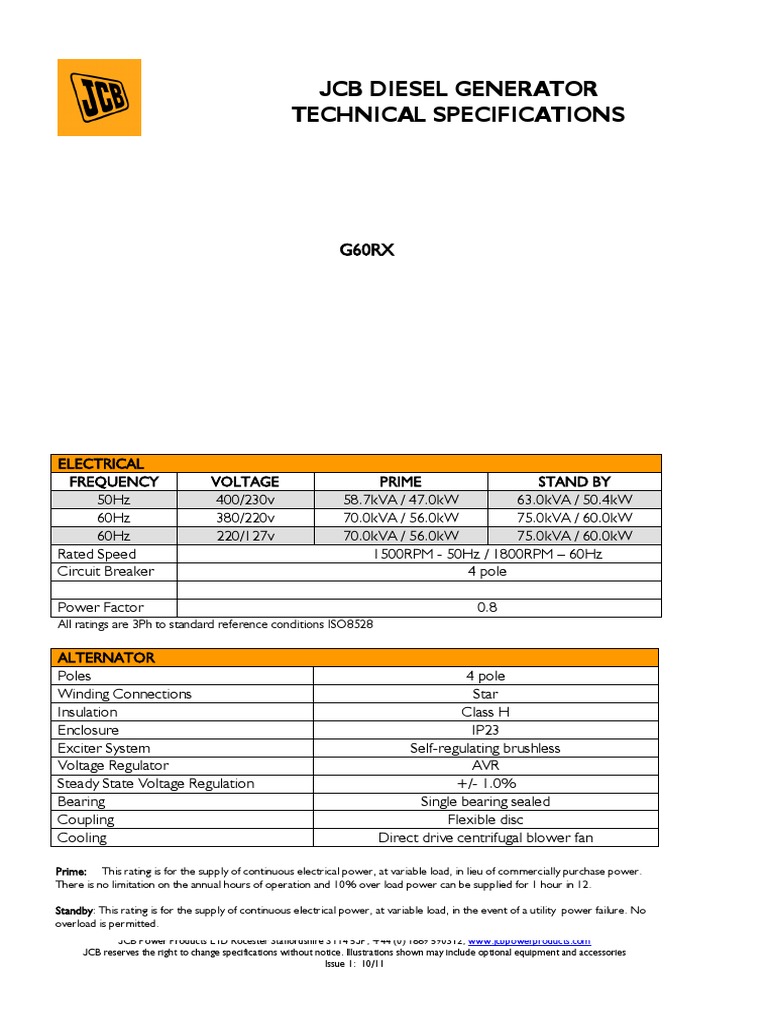 JCB G60RX Diesel Generator Specs | PDF | Mains Electricity | Radiator