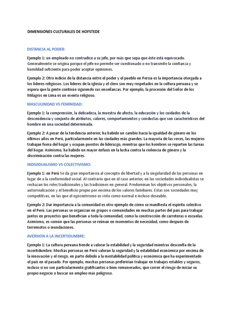 Dimensiones Culturales de Hofstede | PDF | Perú | Sociedad