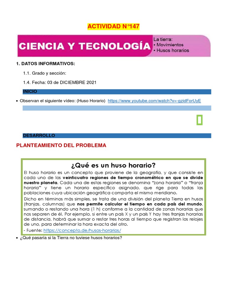Actividad N°147: ¿Qué Es Un Huso Horario? | PDF | Tierra | Luna