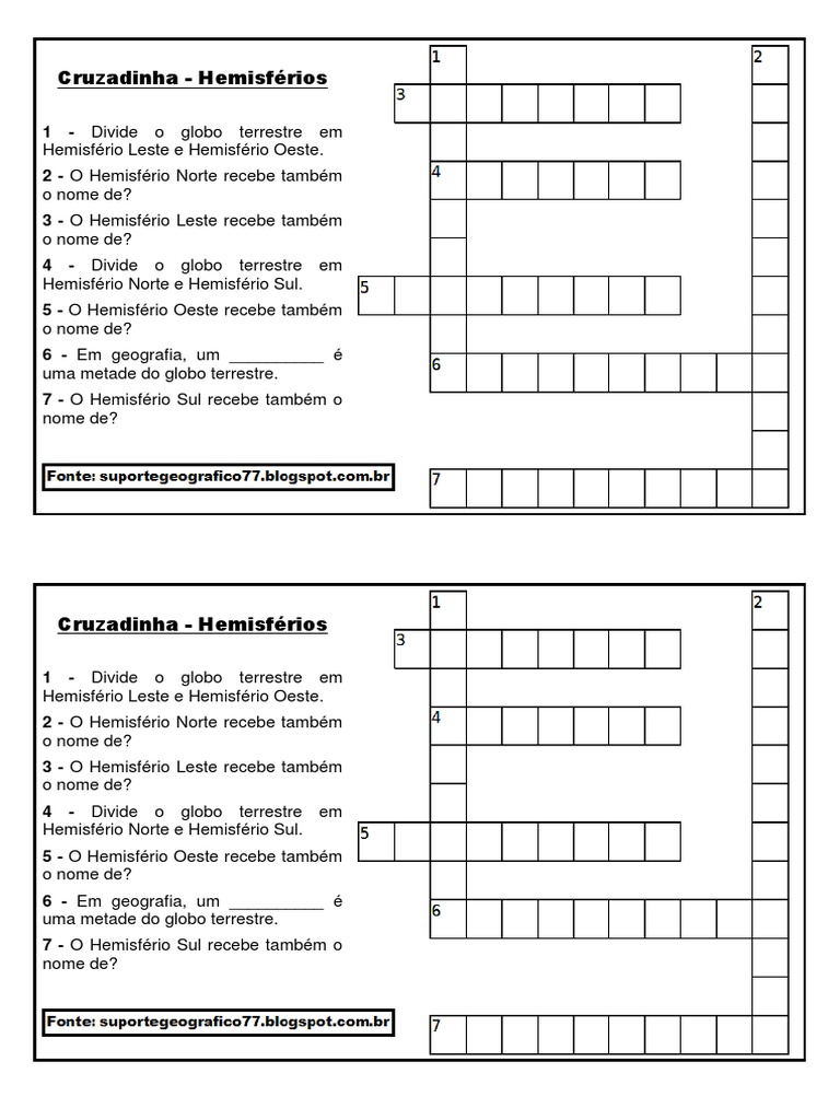 Cruzadinha sobre Hemisférios Terrestres | PDF | Ciências e Matemática