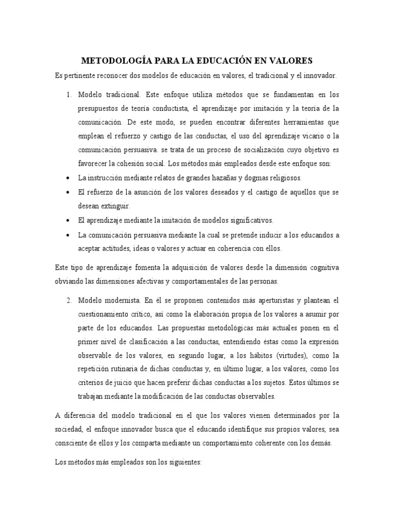 Metodología para La Educación en Valores | PDF | Aprendizaje | Sicología
