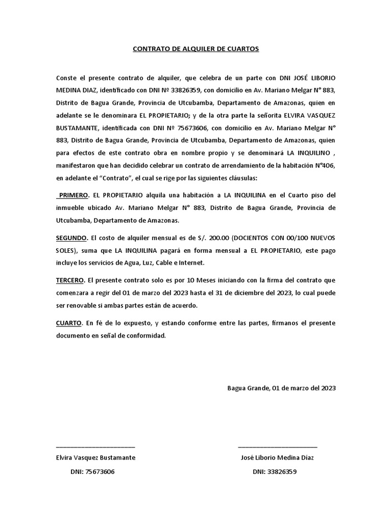 Contrato de Alquiler de Cuartos | PDF