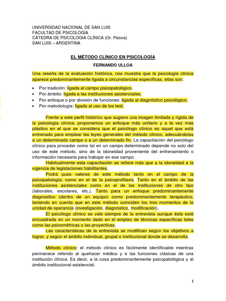 El Método Clínico. Ulloa. | PDF | Sicología | Las emociones
